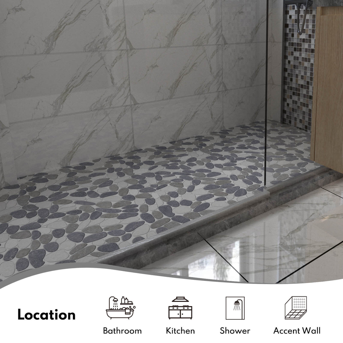 Long Pebble Tile Shower Floor, Mosaic Pebble Backsplash for Wall, Ston ...